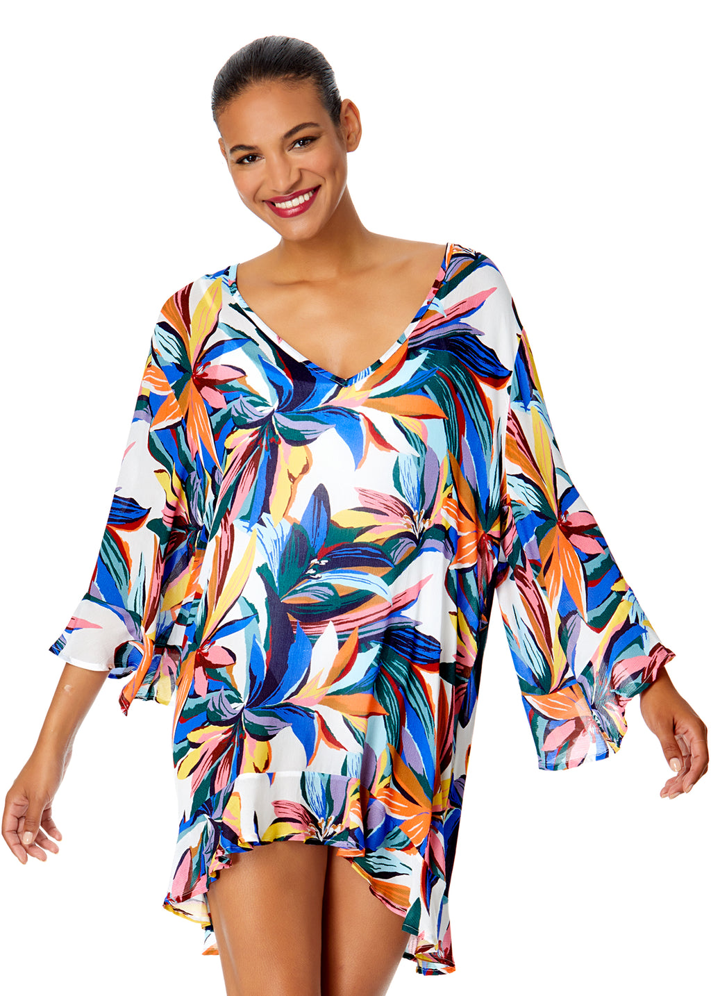 Women's Riviera Floral Flounce V Neck Tunic Swimsuit Cover Up - Anne Cole