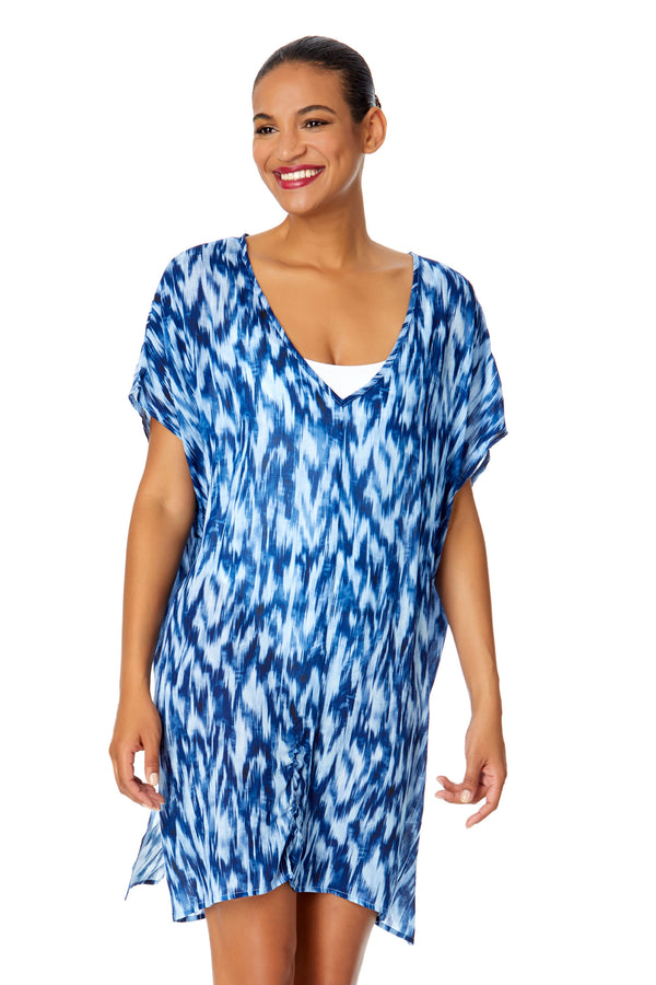 Women's Tie Dye Ikat Double Ring Plunge Front One Piece Swimsuit - Anne ...