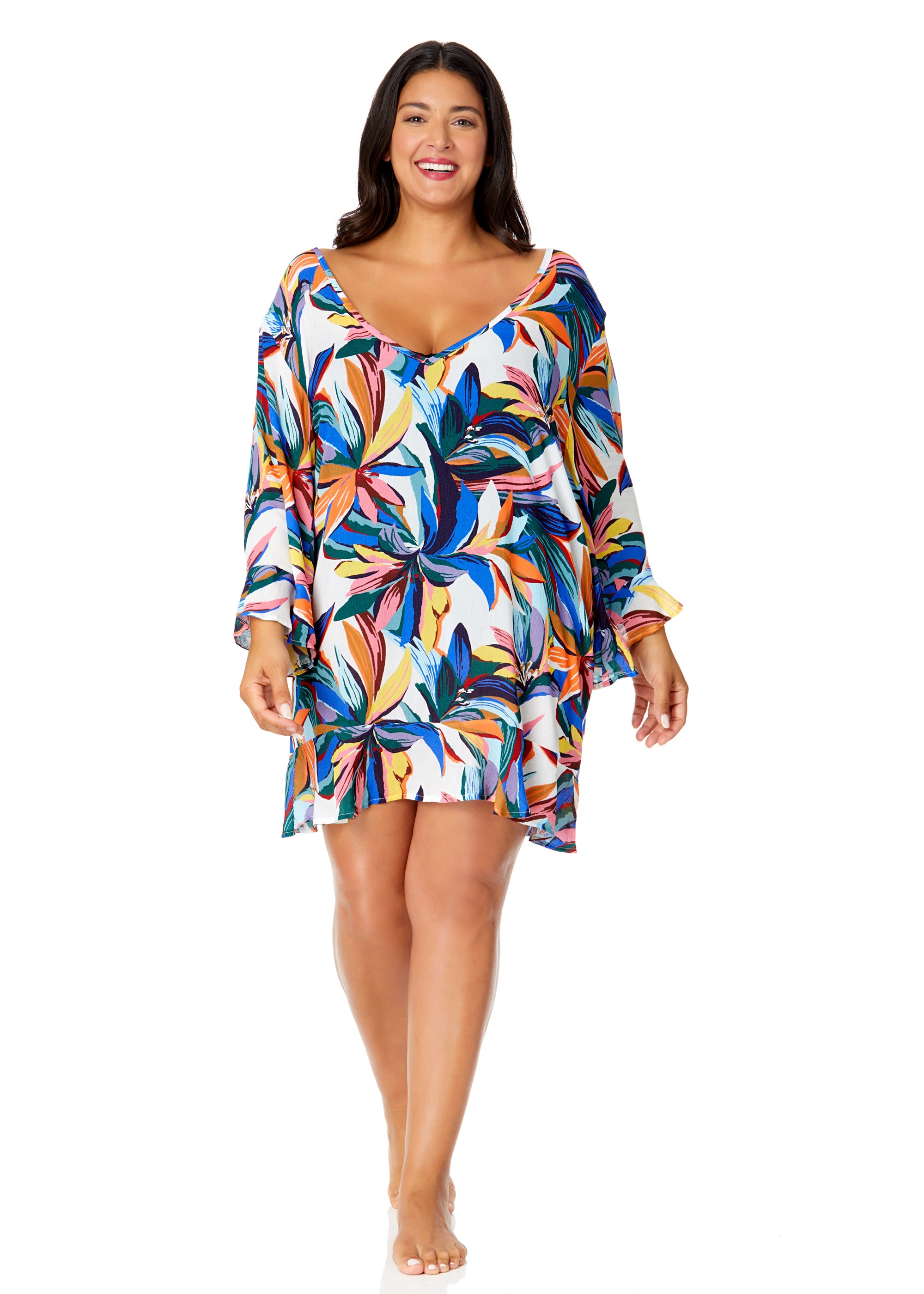 Women's Plus Size Riviera Floral Flounce V Neck Tunic Swimsuit Cover Up ...